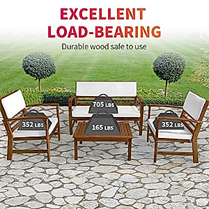 Patio Conversation Set Patio Furniture Patio Sofa Set Outdoor Chat Set 4-Piece Acacia Wood Outdoor Seating Set with Water Resistant Cushions and Coffee Table for Pool Beach Backyard Balcony Garden