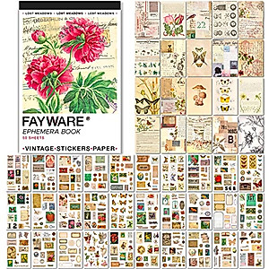 FAYWARE Vintage Washi Stickers for Journaling - Ephemera Sticker Book for Journaling with 414 Vintage Stickers & 20 Scrapbook Papers. Junk Journal Supplies, Scrapbooking Supplies for DIY Paper Crafts