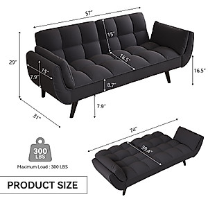 KINFFICT 57 inch Black Futon Sofa Couch Bed, Comfy Velvet Upholstered Loveseat, Convertible Sleeper Sofa cama with Adjustable Backrest, Mid Century Modern Sofas for Living Room, Bedroom, Small Space