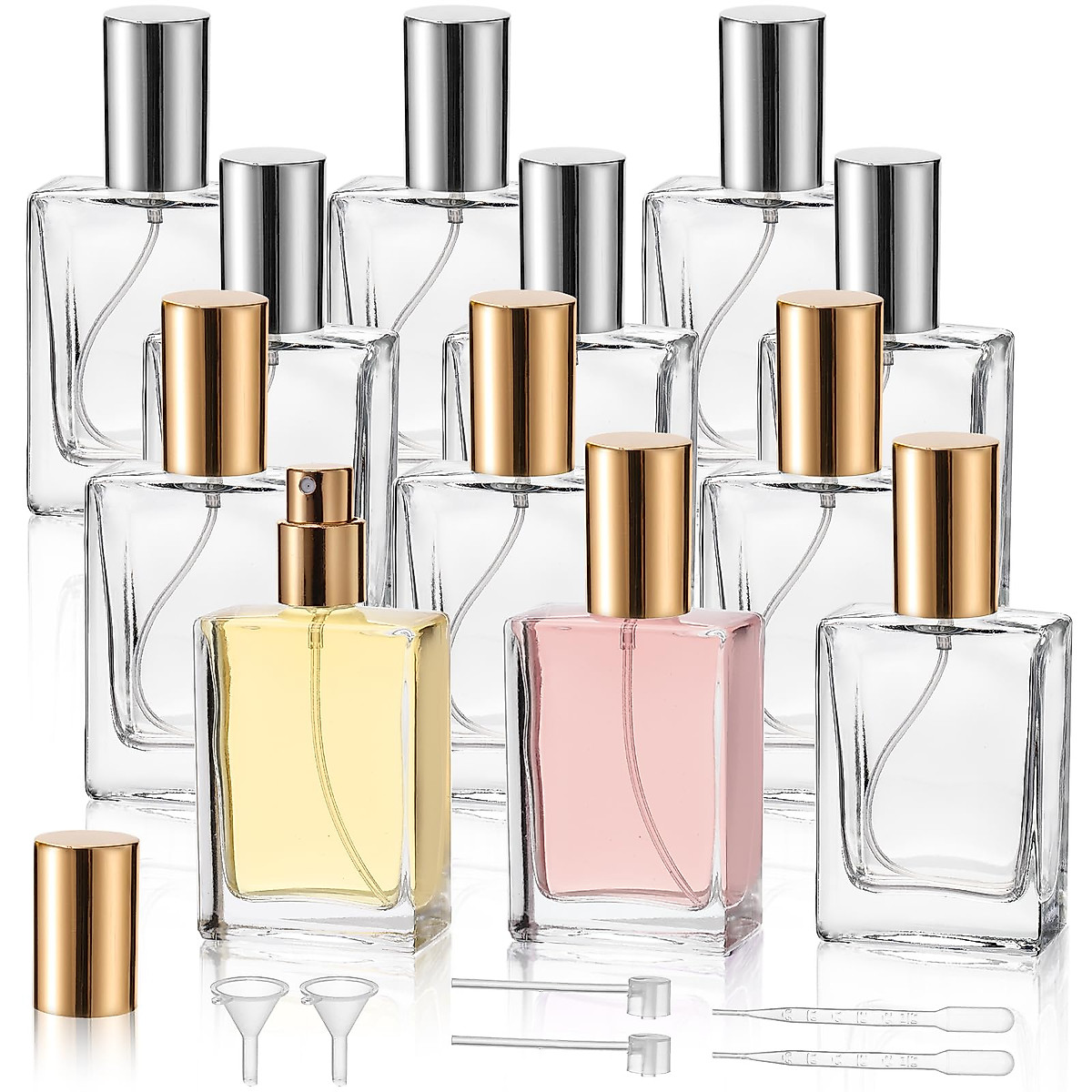 Foraineam 12 Pack 1 oz / 30ml Clear Glass Perfume Bottle, Refillable Empty Fine Mist Atomizer Spray Bottles, Portable Square Perfume Atomizer Bottles for Fragrance, Perfume, Lotion, Essential Oil