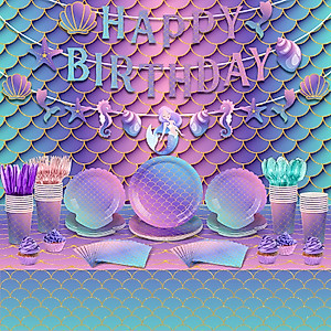 Roshtia 172 Pcs Mermaid Birthday Party Supplies (Serve 24) Disposable Mermaid Tableware Set for Girl Birthday Baby Shower Party with Plates, Cups, Napkins, Tablecloth, Backdrop, Banner