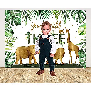 Ticuenicoa Young Wild Three 3rd Birthday Backdrop Jungle Safari Animals Background for Photography Tropical Leaves Backdrops Third Birthday Party Decorations 3 Years Old Photo Booth Props 5x3ft