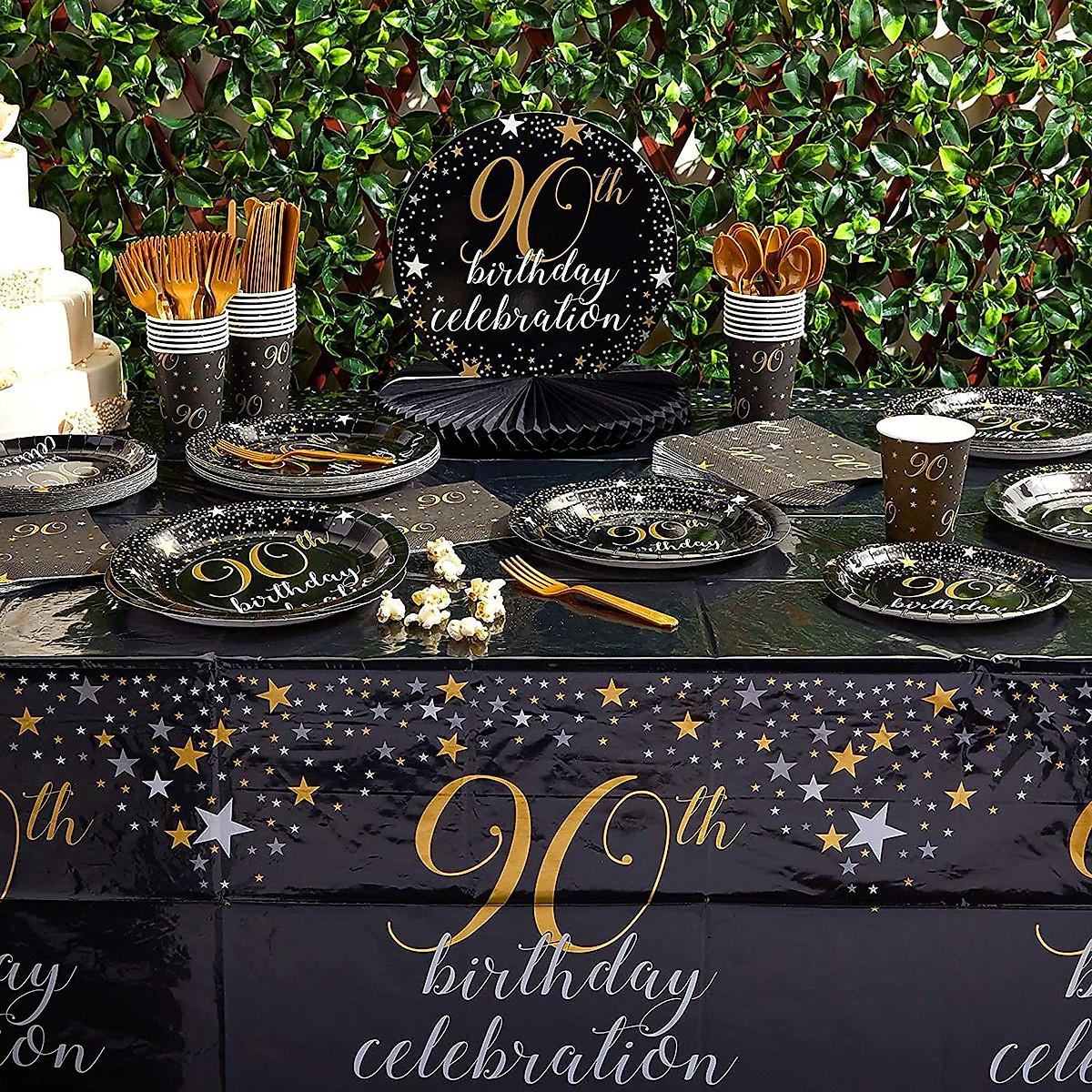 Black Plastic Tablecloth for 90th Birthday Party (54 x 108 in, 3 Pack)