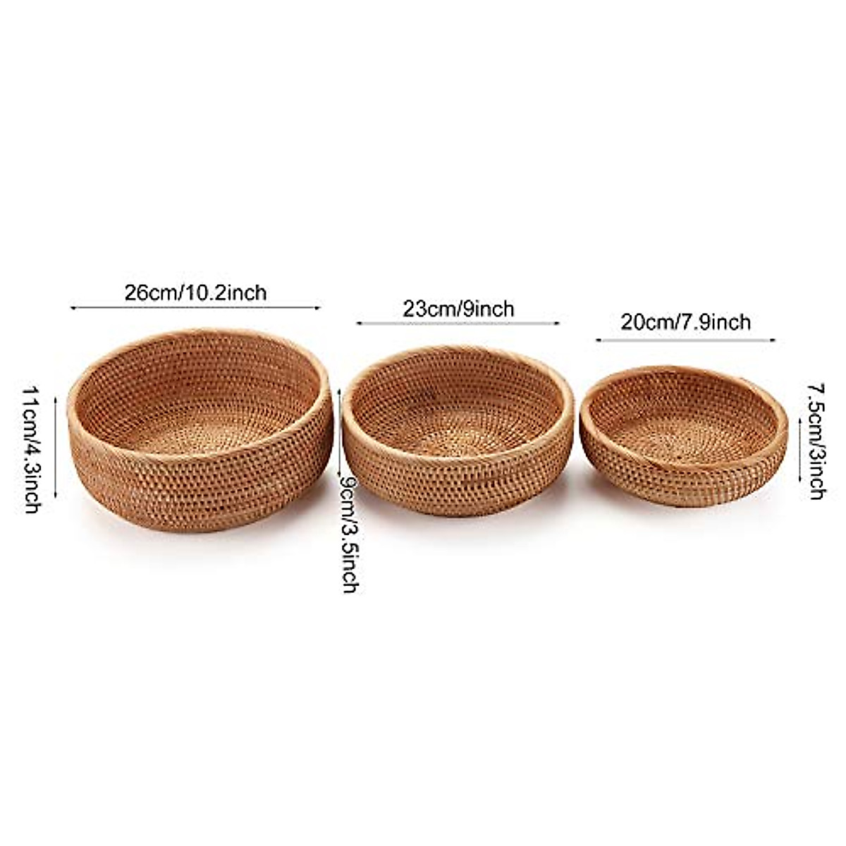 Round Rattan Fruit Baskets Woven Storage Bowls Key Holder Stackable for Shelf Kitchen Tabletop Natural Set of 3