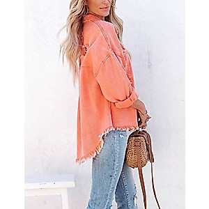 Lumister Womens Causal Oversized Button Distressed Jean Jacket Ripped Fringe Long Sleeve Denim Jacket With Pockets(0222-Orange-S)