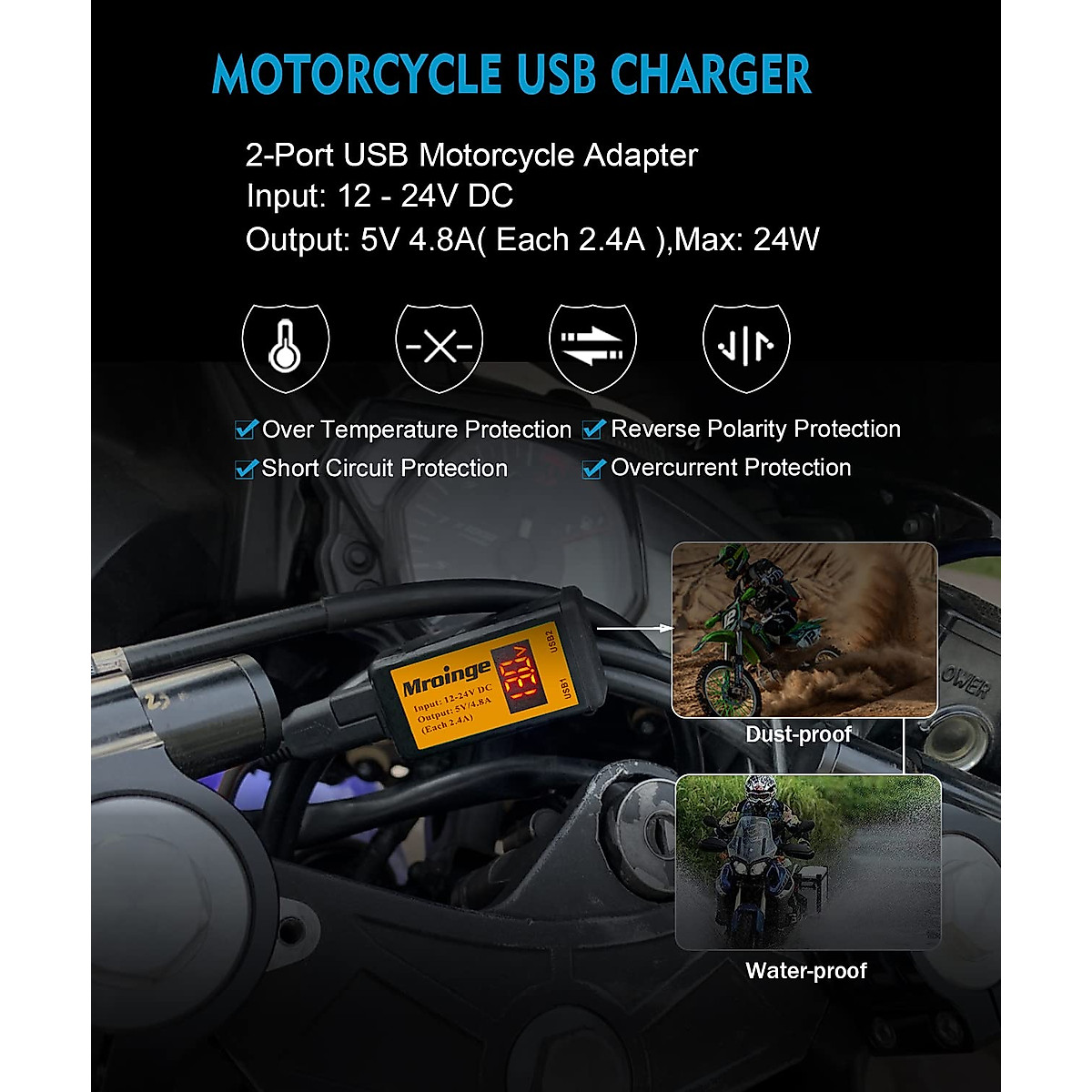 Motorcycle USB Charger, Mroinge 4.8A SAE to USB Adapter with Voltmeter & Ammeter, Quick Disconnect Plug with Dual USB Charger Perfect for Smart Device Charging, with ON/OFF Switch & Waterproof Cover