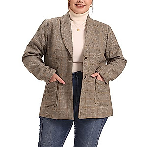 Agnes Orinda Plus Size Plaid Blazer for Women Lapel Jacket Work Office Single Breasted Blazers 2X Brown