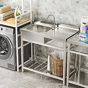 ROOMTEC 304 Stainless Steel Single Bowl Utility Sink Set, Commercial Restaurant Kitchen Sink, Outdoor Sink with Workbench & Storage Shelve with Hot and Cold Water Pipes (39 in (Left bowl))