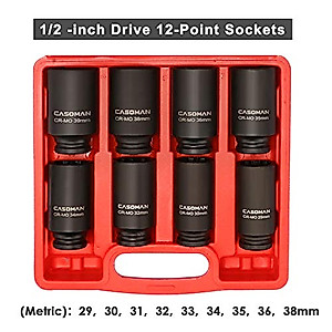CASOMAN 1/2-Inch Drive Deep Spindle Axle Nut Impact Socket Set,12 Point, Metric, CR-MO, 29,30 32 34 35,36,38,39mm 8 Piece 1/2" Heavy Duty Impact Socket Set