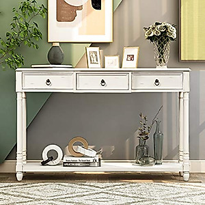 P PURLOVE Console Table Sofa Table with 3 Drawers Luxurious and Exquisite Design for Entryway with Projecting Drawers and Long Shelf (Antique White)