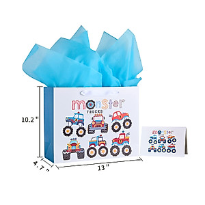 SUNCOLOR 13" Large Gift Bag with Tissue Paper for Boys (Monster Truck)