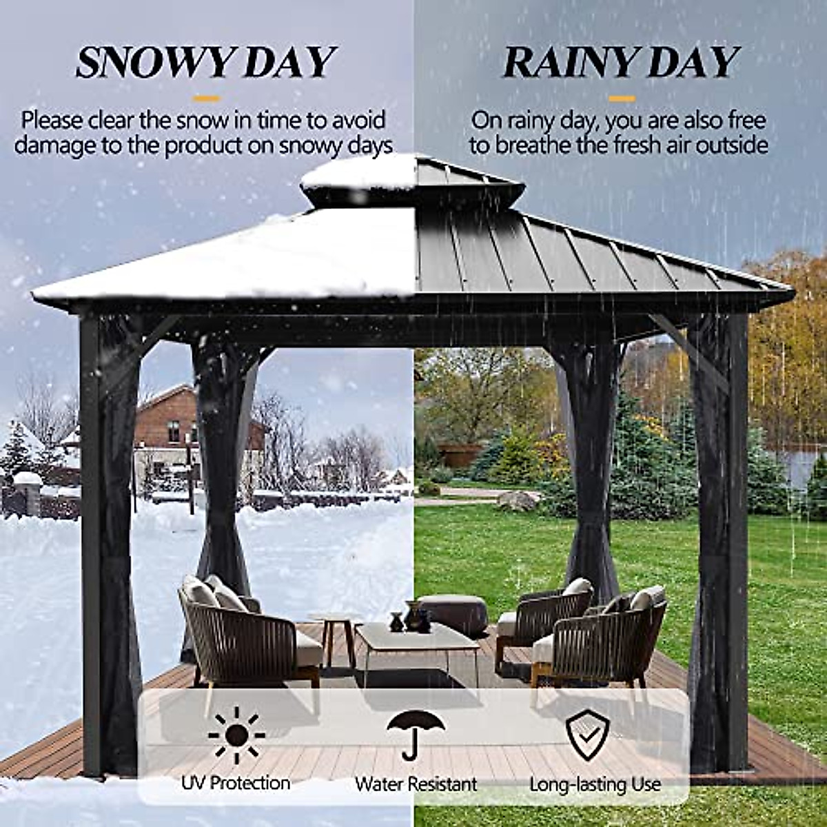 GARTOO 10'x10' Outdoor Double Roof Galvanized Hardtop Gazebo - Heavy-Duty Aluminum Frame Iron Top Gazebo with Breathable Netting & Curtains for Patio, Garden, Lawn, Deck, Backyard