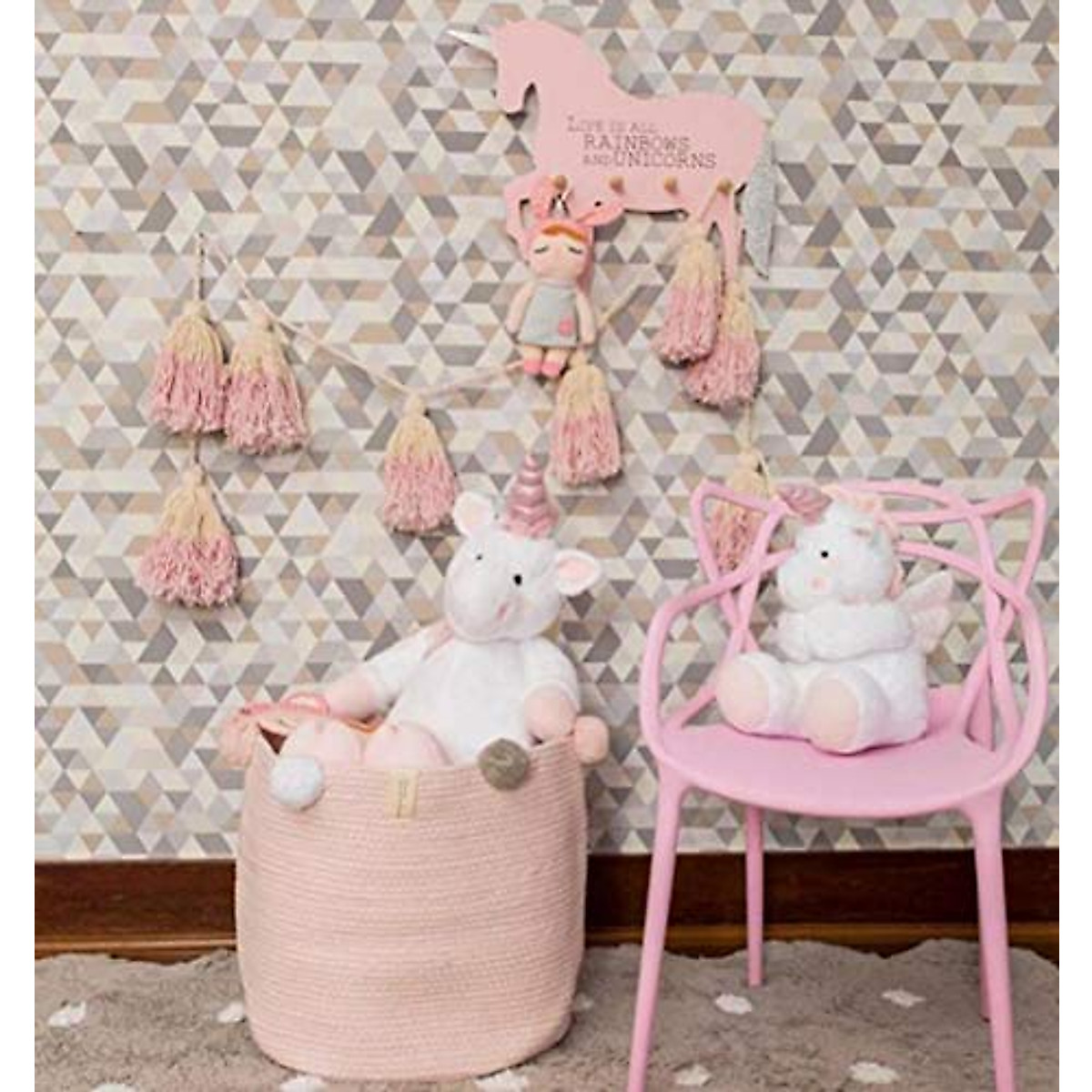 Leadtimes Pink Cotton Rope Storage Baskets 12.6" x 12.6" x 14.6" Woven Baby Cute Pompoms Orangizer Bins for Laundry, Cloths, Home Decoration