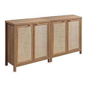 SICOTAS Rattan Sideboard Buffet Credenza Cabinet - 2 Pieces Farmhouse Kitchen Coffee Bar Cabinet with Rattan Decorated Doors - Boho Chest Storage Buffet Cabinet - Oak