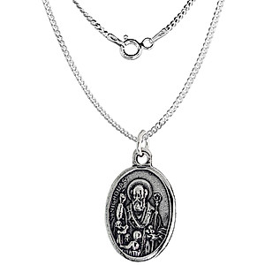 Sterling Silver St Nicholas Medal Pendant Oxidized finish Oval 7/8 inch