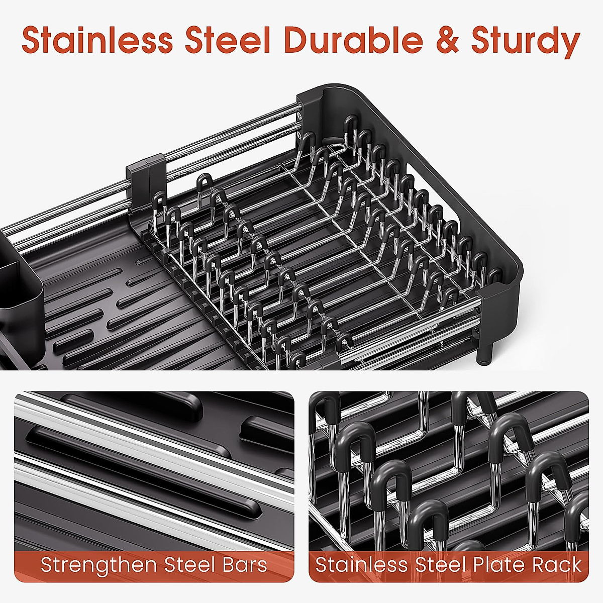 TOOLF Extendable Dish Rack, Dual Part Dish Drainers with Non-Scratch and Movable Cutlery Drainer and Drainage Spout, Adjustable Dish Drying Rack for Kitchen, 1 Piece Black