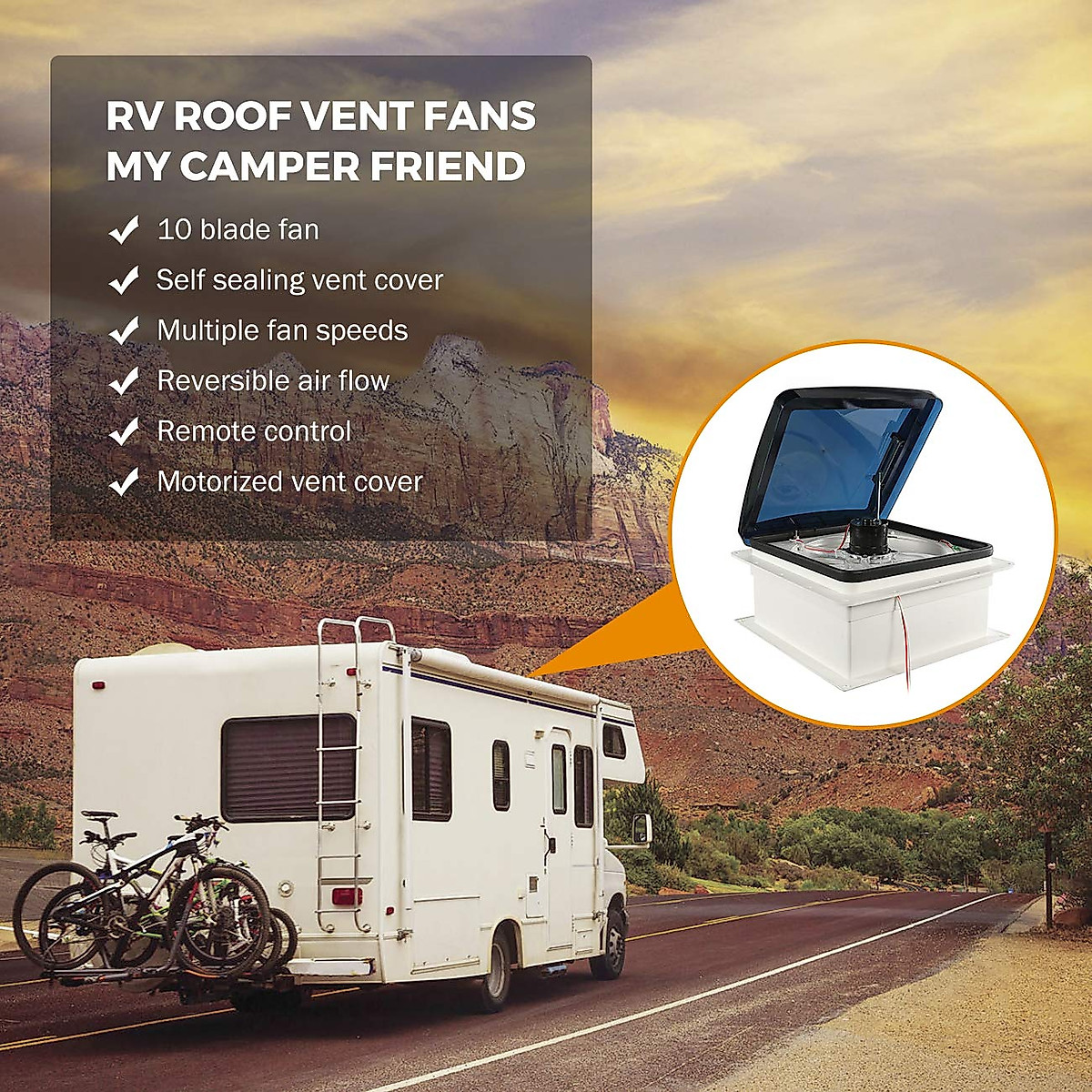 PARTOL Roof Vent for RV Fan 14”12V Automatic RV Roof Vent Fan Camper Motorhome Fan with Rain Sensor and Remote Controller, Two-Way Ventilation 3 Speed Reversible Airflow, Smoke Dome RV Vent Cover
