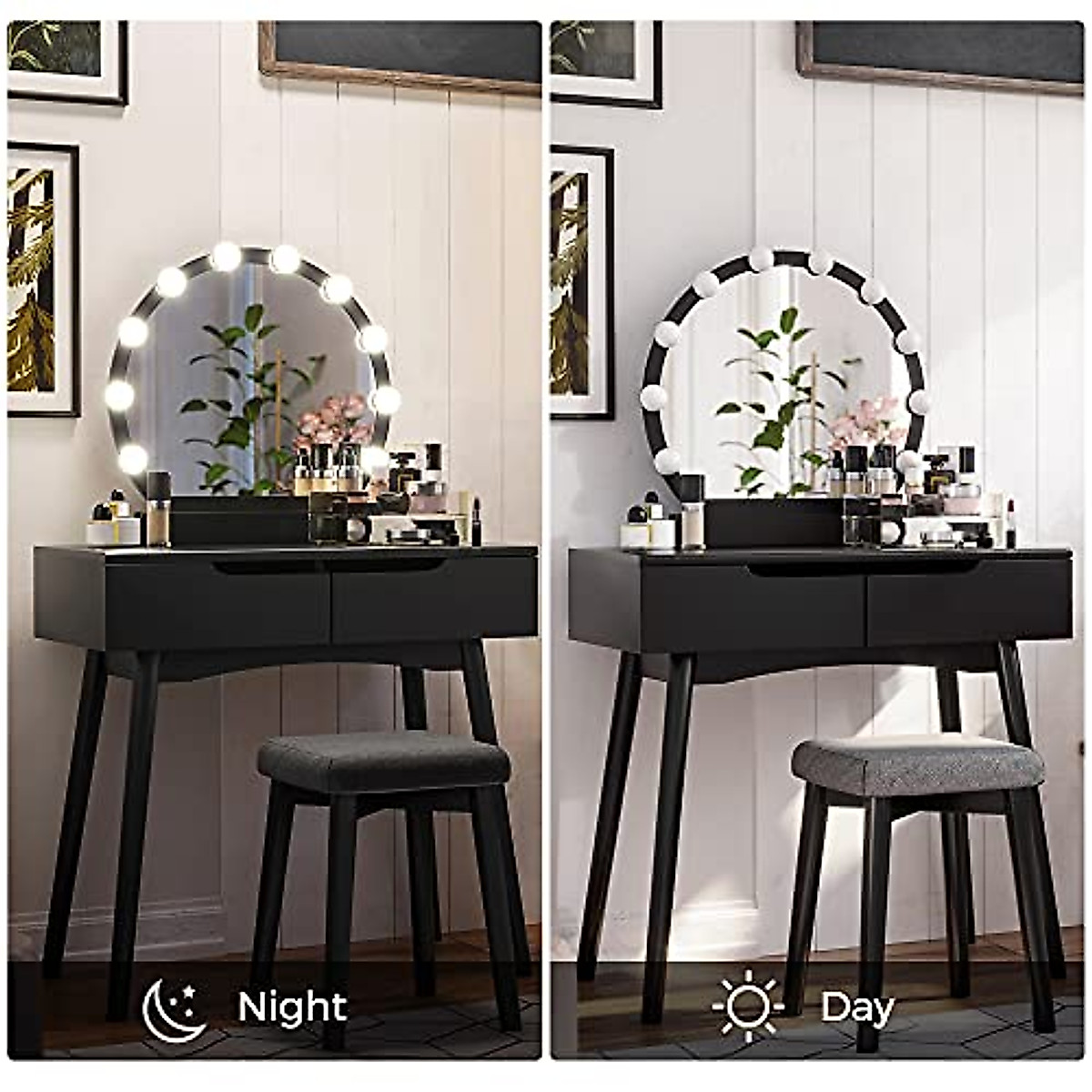 VASAGLE Vanity, Makeup Vanity Desk with Lights, Rounded Mirror, 2 Drawers, Vanity Set with Upholstered Stool, for Bathroom, Bedroom, Girls Vanity for Gift, Black URDT11BL