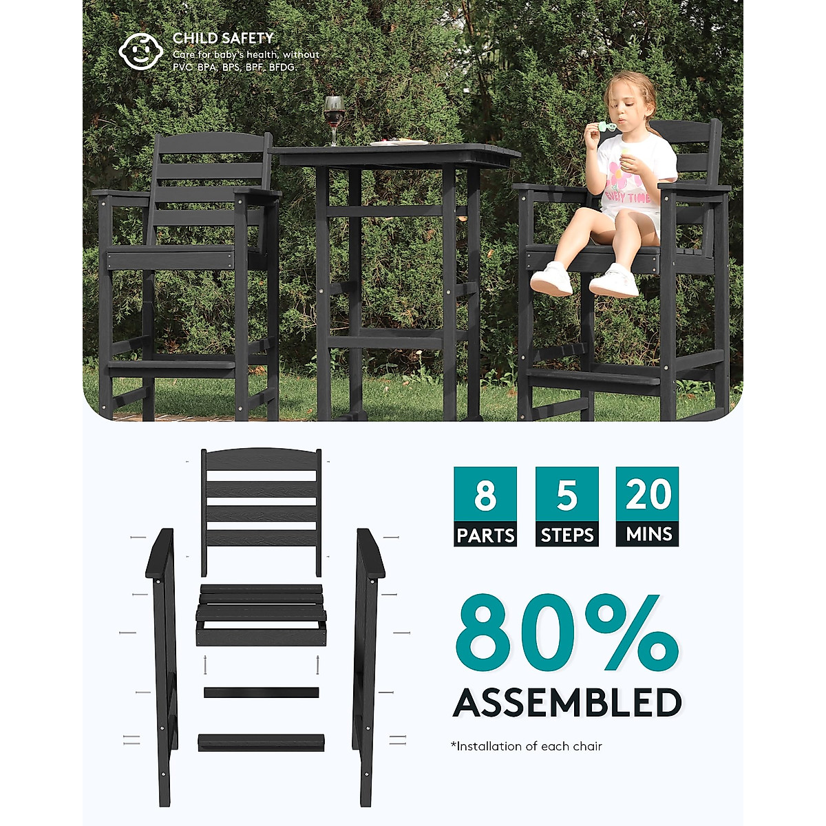 SERWALL Tall Adirondack Chairs Set of 2, Weather Resistance Outdoor Bar Stools, Black