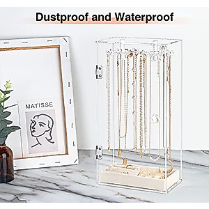 Necklace Holder, Acrylic Jewelry Organizer with 24 Hooks, Rotation Clear Necklaces Pendant Display Case Stand, Dust-proof Velvet jewelry Tray Hanging Rack Storage for Earrings Rings Necklaces