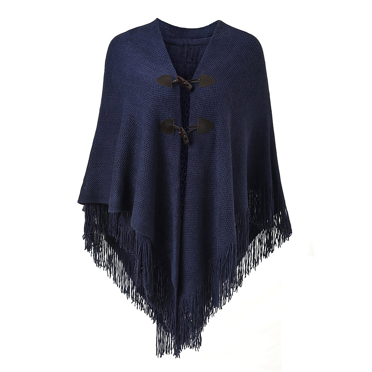 Ferand Women’s Loose Fitting Poncho Cape Shawl with Stylish Horn Buttons, V Neckline and V Hem, Navy blue