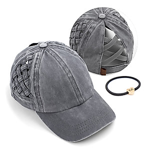 C.C Exclusives Washed Cotton Denim Basket Weave Criss-Cross Ponytail Baseball Cap Bundle Hair Tie (BT-922)(Grey)