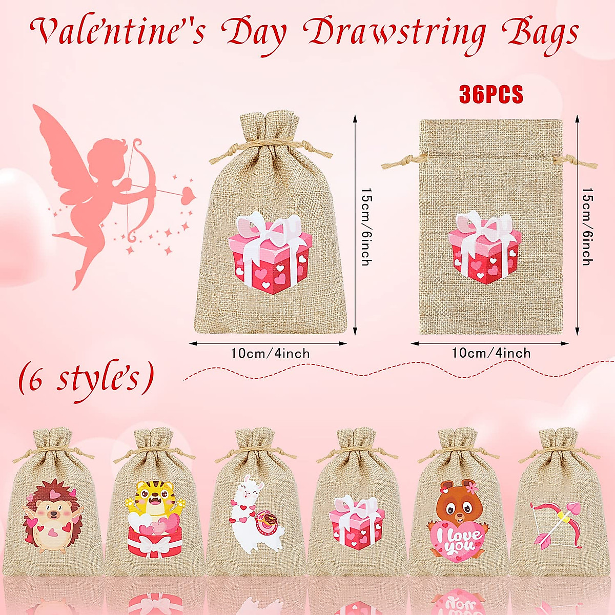 CCINEE 36PCS Valentine's Day Burlap Bags, 4"x6" Heart Love Shaped Drawstring Gift Bags Candy Pouches Linen Pockets for Valentine's Day Wedding Birthdays Party Favor Gift Bags
