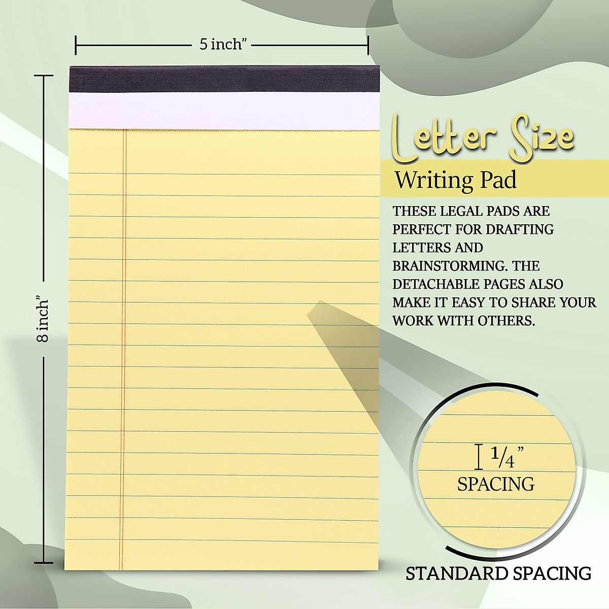 Jr. Legal pad, Small Note Pads Legal Ruled Writing Pad. Perforated Edge. 5" X 8" Canary Yellow, Universal, 50 sheets per Pad (Pack of 6)