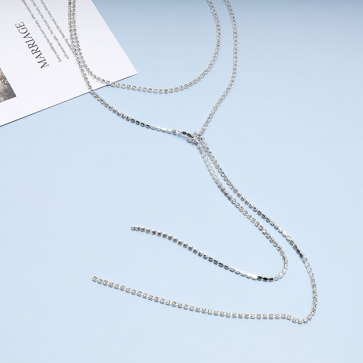 Yheakne Bling Tennis Chain Necklace Silver Long Rhinestone Choker Necklace CZ Lariat Y Necklace Tie Up Necklace for Women and Girls Nightclub Body Chain Jewelry