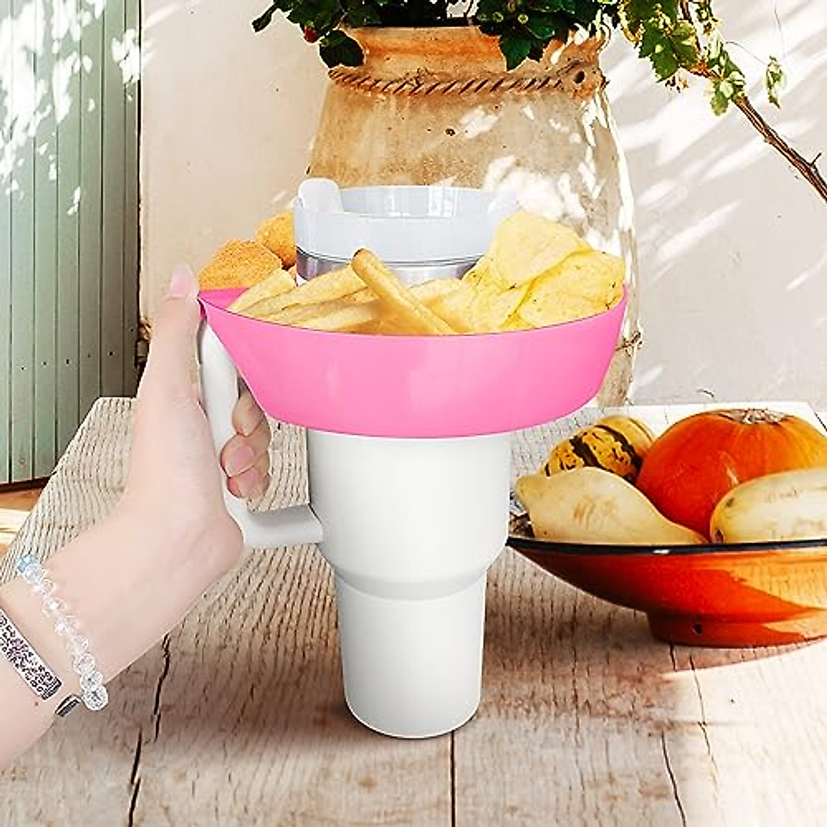 Snack Bowl for Stanley Cup, Reusable Snack Ring Tray Platter Compatible with Stanley 40 Oz Tumbler, 3 Compartments for Candy,Appetizer,Nuts,Popcorn, Cup Holder for Stanley Cup Accessories (Pink)