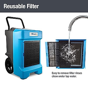 BlueDri BD-BD-130-BL Industrial Commercial Dehumidifier with Hose for Basements in Homes and Job Sites, Blue