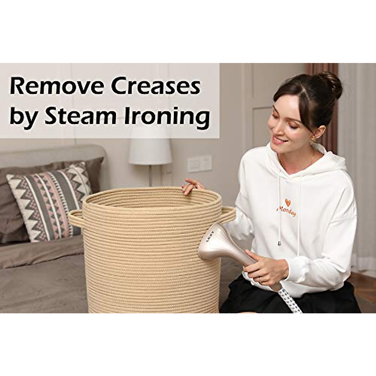 16" x 16" x 18" Large Cotton Rope Storage Basket with Lid, Full Beige with Cover