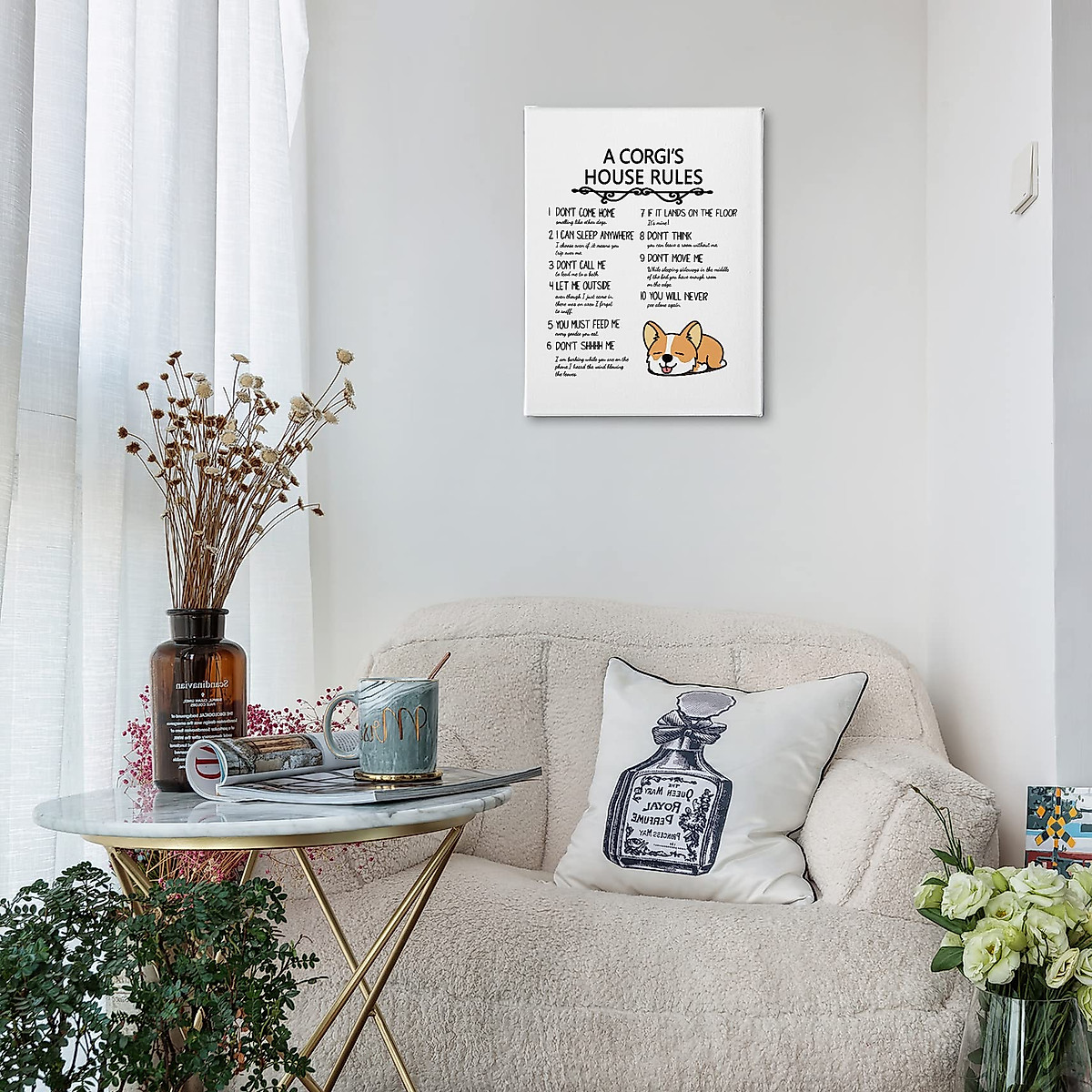 PHAMTE A Corgi’s House Rules Wall Art, Funny Corgi Dog Quote Print Framed Canvas Painting Artwork Home Bedroom Living Room Girls Room Decor（11x14 Inch）