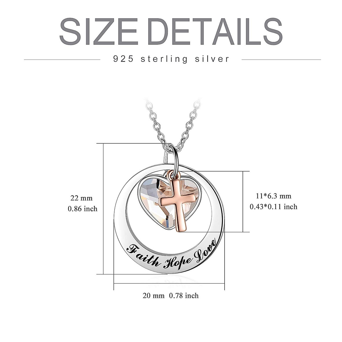 AOBOCO Two-Tone Sterling Silver and Rose Gold-Faith Hope Love Cross Charm Pendant Necklace with Austrian Crystal