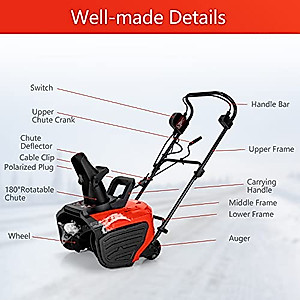 Safstar Snow Blower, Electric Snow Thrower with 180° Chute Rotation & 2 Transport Wheels, 10” Clearing Depth & 18” Width, Power Snow Blower w/30 Feet Throwing Distance, 720Lbs /Minute (Red)