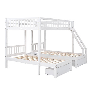 Wood Triple Bunk Bed Full Over Twin &Twin Bunk Beds for 3, Wooden Triple Beds Frame with Drawers and Guardrails for Kids,Teens, Adults, No Box Spring Needed (White)