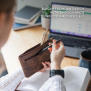 Moonster Leather Pencil Case Beautifully Handcrafted Zippered Pouch That’s Made To Last - Elegant, Practical Pencil Cases for Adults & Students - Unique 8" x 4" Design with Side Pocket & Keyring