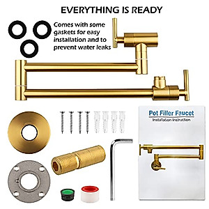 Pot Filler Faucet 24 Inch Brushed Brass Wall Mount Kitchen Restaurant Sink Faucet Folding Stretchable with Single Hole Two Handles, Gold