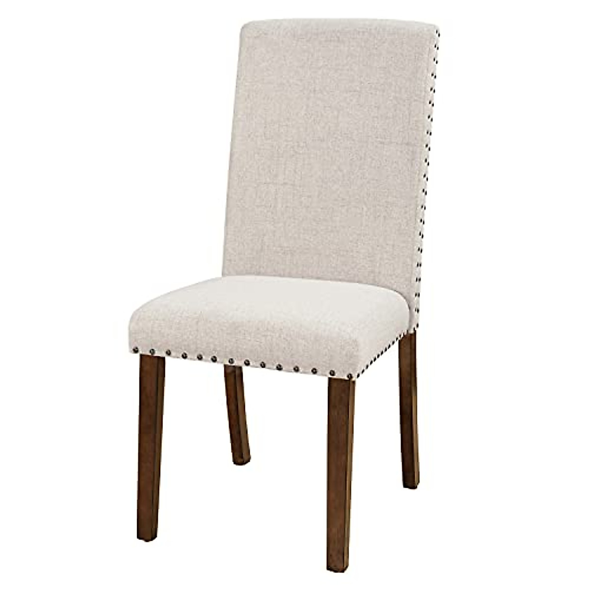 Winwee Dining Chairs with Copper Nails and Solid Wood Legs Upholstered Armless Dining Chair with High Back Upholstered Stools, Cotton-Linen Blend Fabric Set of 2 (Beige)