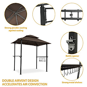 8'X5' Grill Gazebo Canopy, Grill Tent for Outdoor Grill, Double Tiered BBQ Gazebo with Steel Frame, Two Shelves, Nine Hooks and A Bottle Opener, Small Grill Shelter for Backyard, Patio (Brown)