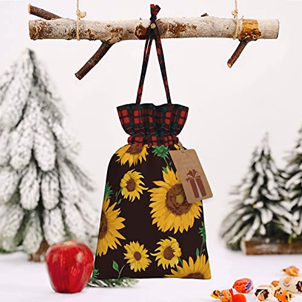 Christmas Drawstring Gift Bags Summer-Sunflower-Floral-Pattern Buffalo Plaid Drawstring Bag Party Favors Bags
