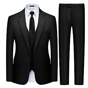 MAGE MALE Men's 3 Pieces Suit Slim Fit Notch Lapel One Button Business Wedding Party Solid Blazer Jacket Vest Pants Set with Tie Black