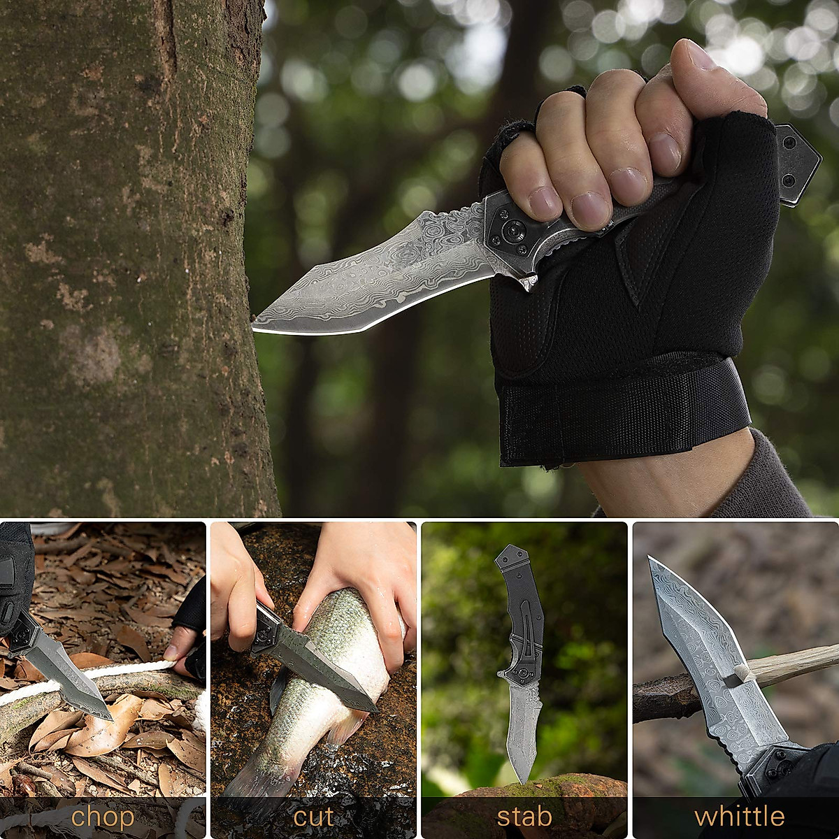 GVDV Damascus Steel Pocket Knife with G10 Handle, Handmade Folding Knife with Leather Sheath for Camping Survival, Knives for Men Dad Husband (Black)