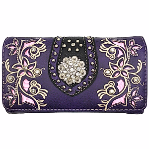 Justin West Rhinestone Concho Western Laser Cut Wristlet Trifold Wallet Attachable Long Strap (Purple)