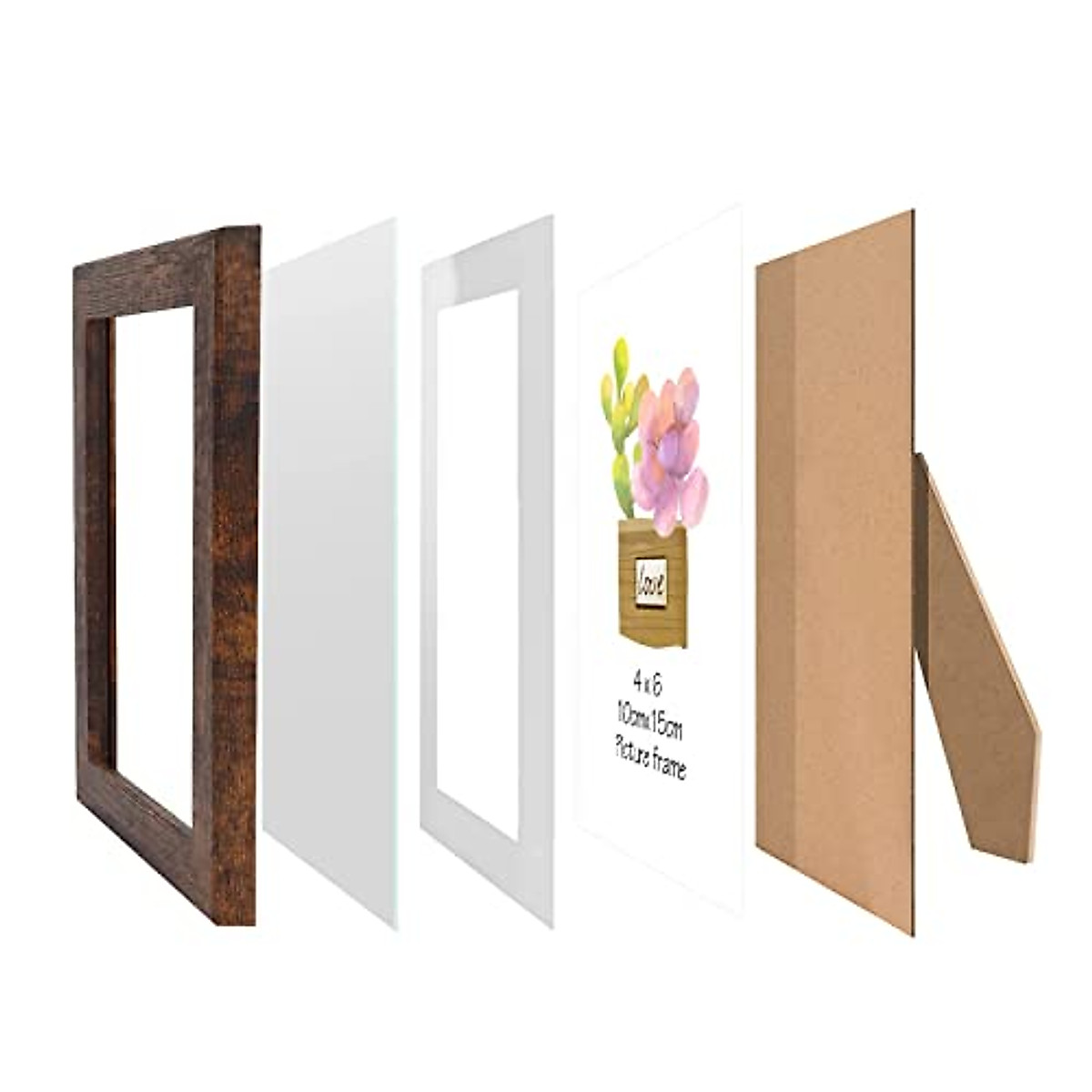 4x6 Picture Frame Set of 4, Display Photo 4x6 with Mat or 5x7 without Mat, Wooden Rustic Picture Frames for Tabletop or Wall Mounting, Brown