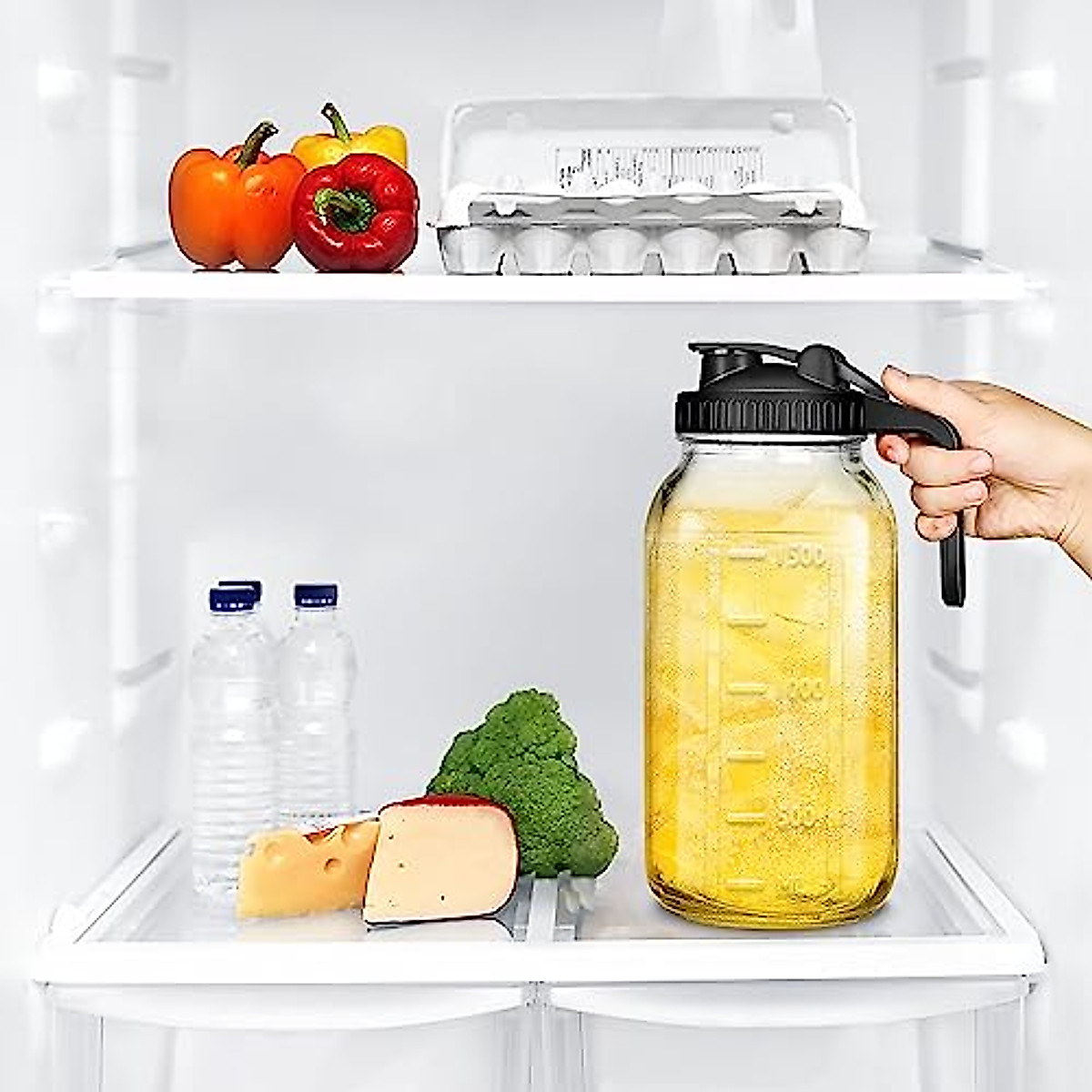 Nevfiro Mason Jar Pitcher with Pour Spout Handle Lid, 2Pack 32OZ Thick Glass Pitcher with Lid, Leak-proof Glass Pitcher Wide Mouth for Brew Coffee, Ice Beverage, Juice, Lemonade, Sun Tea, Fruit Drink