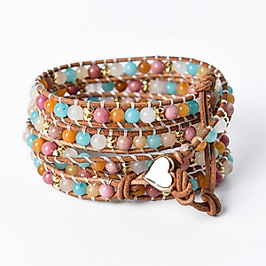 YGLINE Natural Stone Bracelet 5 Wraps Bracelet Handmade Blue Color Boho Bracelet for Women Bracelet (Rose Quartz 2)