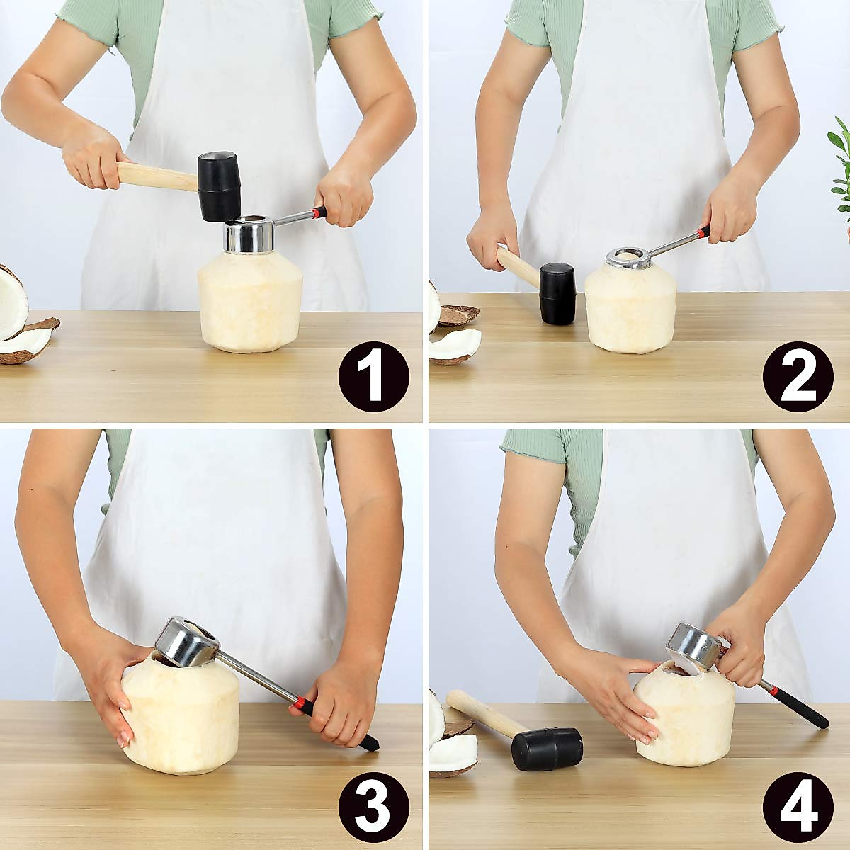 Coconut Opener Tool Set for Young Coconut,Food Grade Stainless Steel Coconut Opener Set with Rubber Mallet