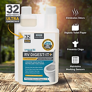 Unique RV Digest-It+ Extra-Strength Ultra-Concentrate - 32 RV Toilet Treatments - Eliminates Smells and Liquifies Waste (32 oz)