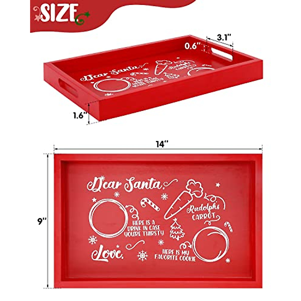 Cookies for Santa Tray Christmas Wooden Serving Tray with Handles 14’’ x 9’’ Decorative Treat Tray for Christmas Eve Xmas Holiday Home Decorations